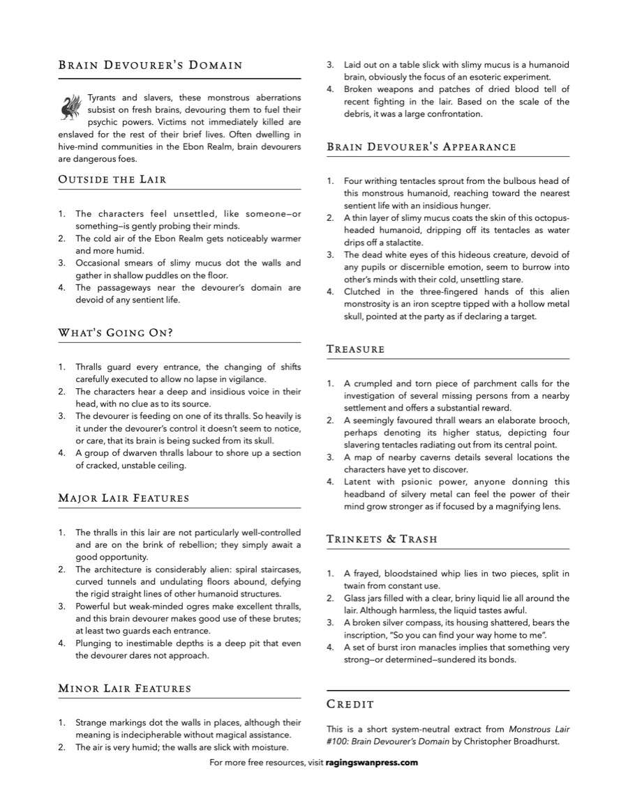 One-Pager: Brain Devourer's Domain - Raging Swan Press | Dungeon ...