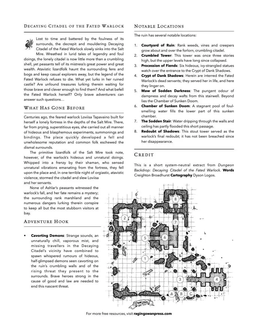 One-Pager: Decaying Citadel of the Fated Warlock - Raging Swan Press ...
