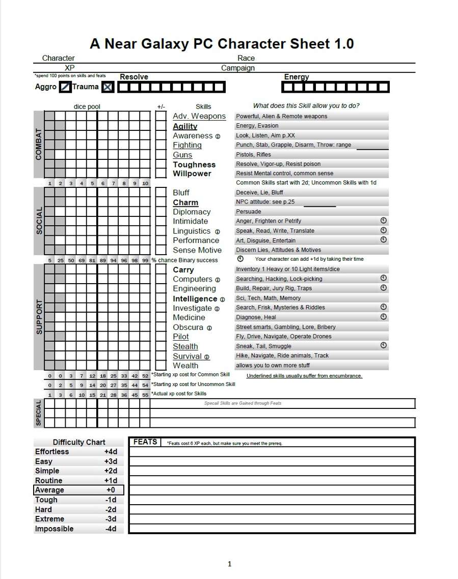 A Near Galaxy Character Sheet only - Pan Galactic Publications ...