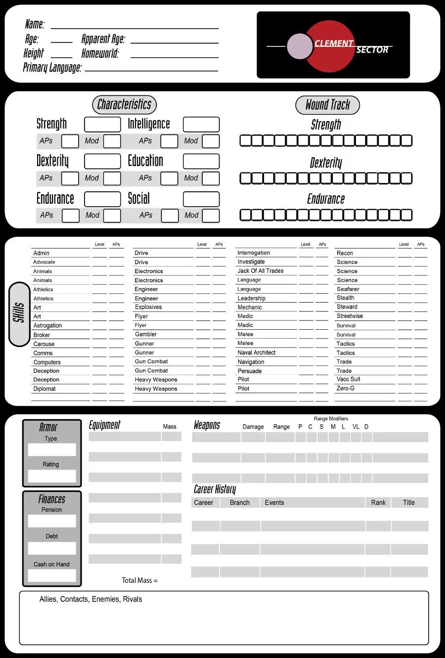 Clement Sector Fillable Character Sheet - Independence Games | Clement ...