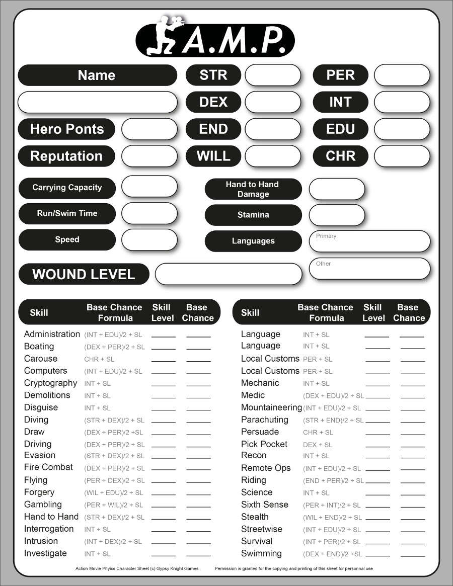Action Movie Physics Fillable Character Sheet - Independence Games ...
