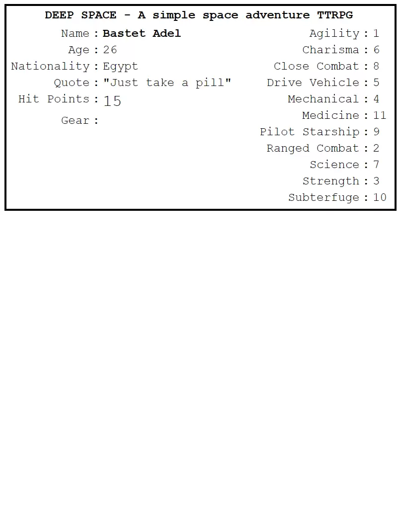 DEEP SPACE Character Generator - Felbrigg Herriot | DriveThruRPG