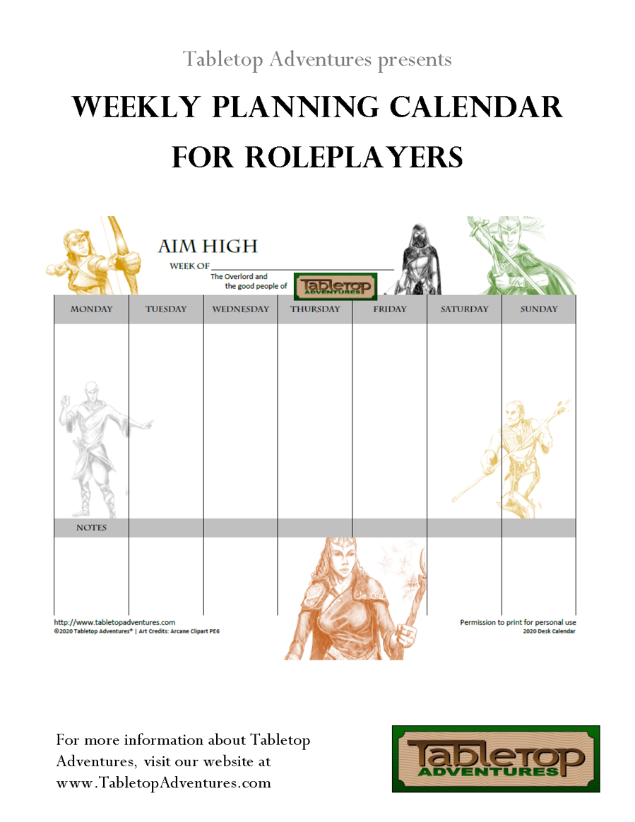 Weekly Planning Calendar - Tabletop Adventures, LLC | Free Products ...