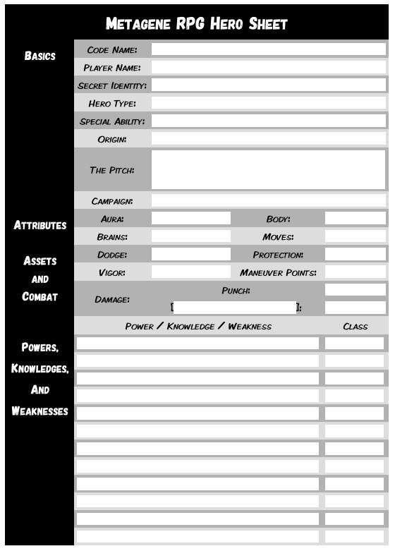 Metagene Super Hero RPG Character Sheet - Imperfekt Gammes | DriveThruRPG
