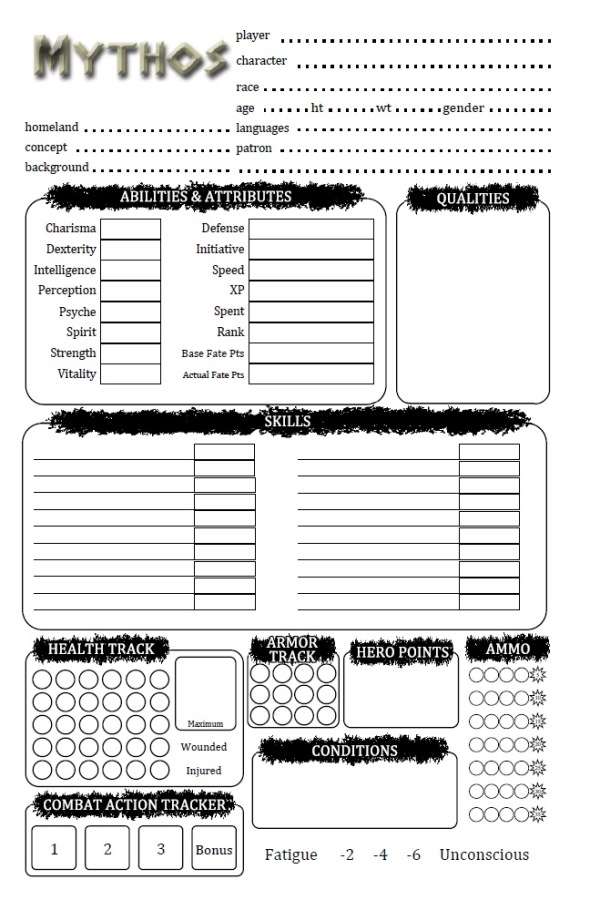 Mythos: Character Sheet (EGS) - Mystical Throne Entertainment | Mythos ...