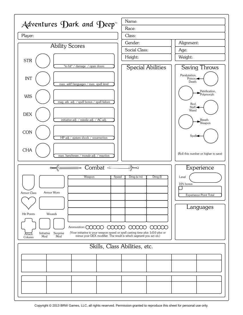 Adventures Dark and Deep Character Sheet - BRW Games | Adventures Dark ...
