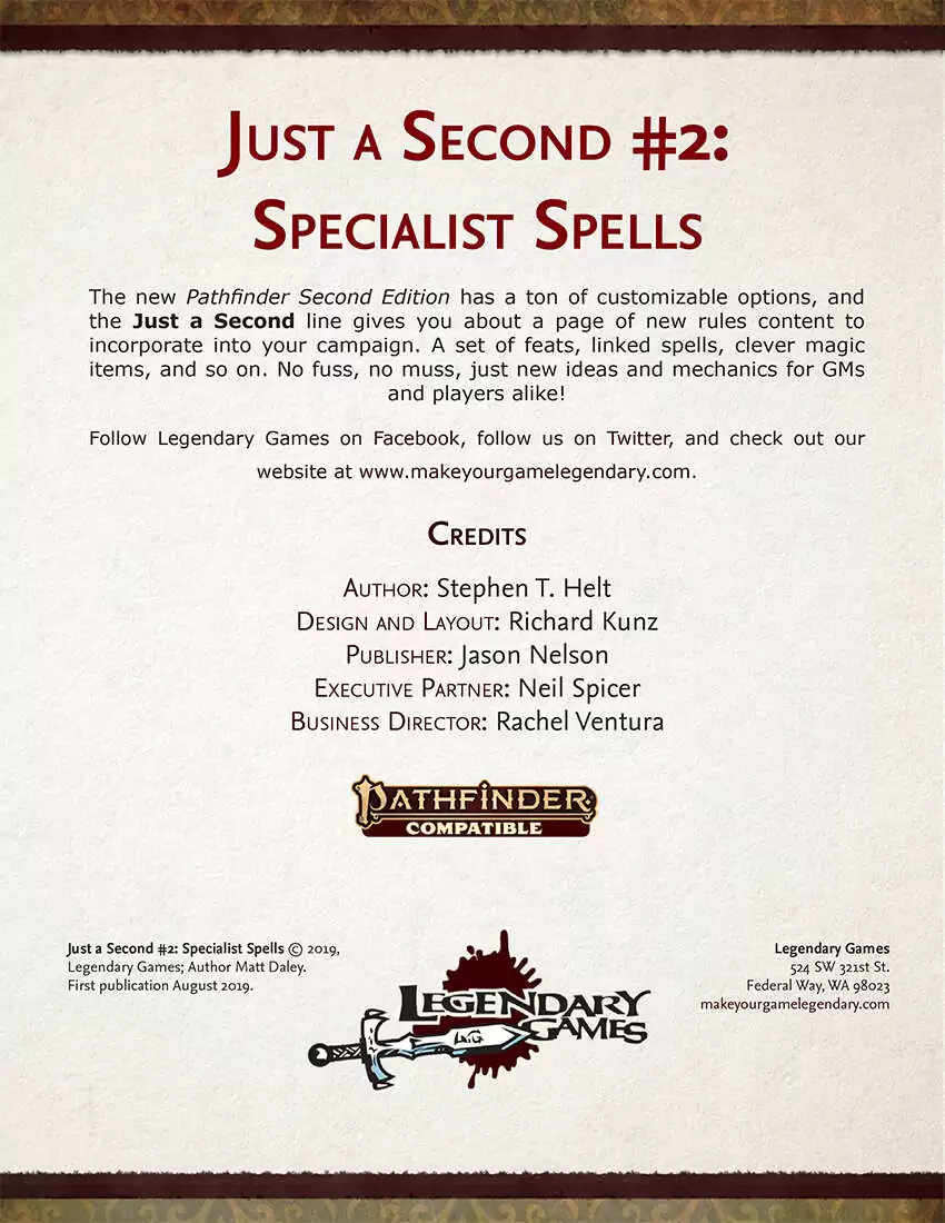Just a Second #2: Specialist Spells - Legendary Games | Pathfinder Second Edition | DriveThruRPG