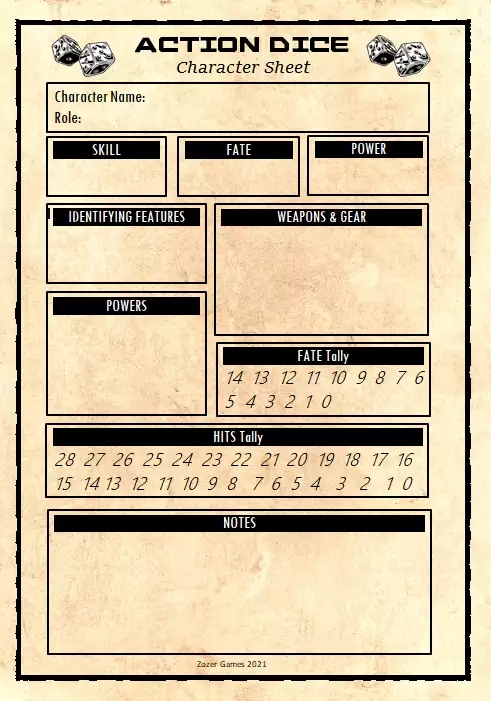Action Dice Character Sheet - Zozer Games | DriveThruRPG