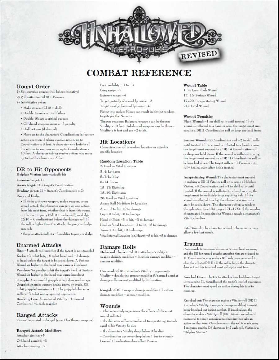 Unhallowed Metropolis, Revised Combat Reference Sheet - New Dark Age ...