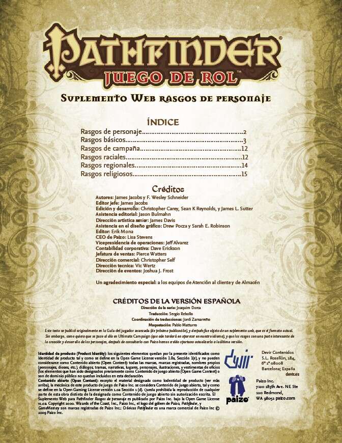 Pathfinder 1ª ed. - Rasgos de personaje - Devir | Pathfinder 1st ...