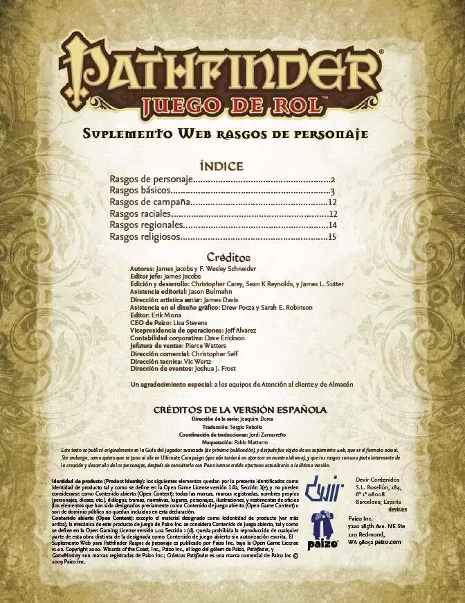 Pathfinder 1ª ed. - Rasgos de personaje - Devir | Pathfinder 1st ...