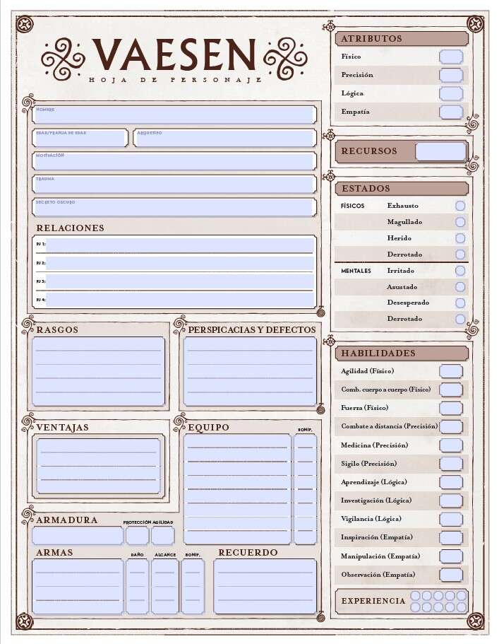 Vaesen - Hoja de personaje editable - Devir | Vaesen | DriveThruRPG