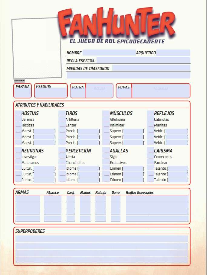 Fanhunter - hoja de narizón editable - Devir | Fanhunter | DriveThruRPG