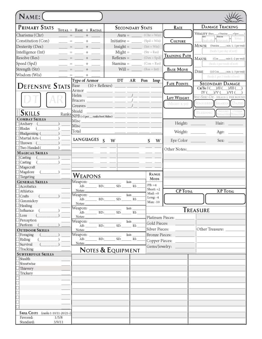 Novus 2e Character Sheet - Firehawk Games | Novus 2e | Novus 2e Extras ...