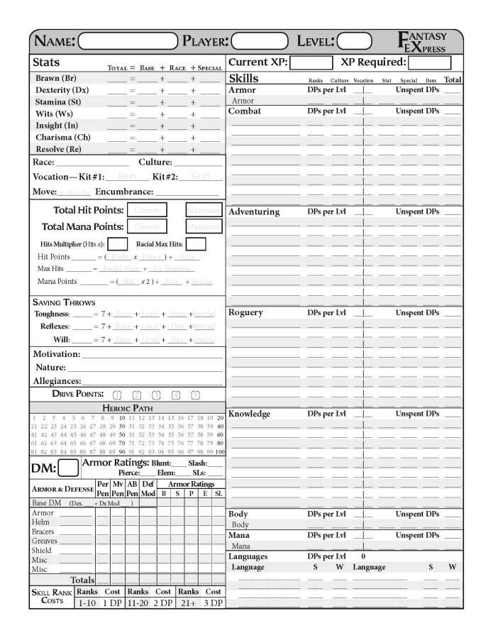 Fantasy Express Form-fillable Character Sheet - Firehawk Games ...