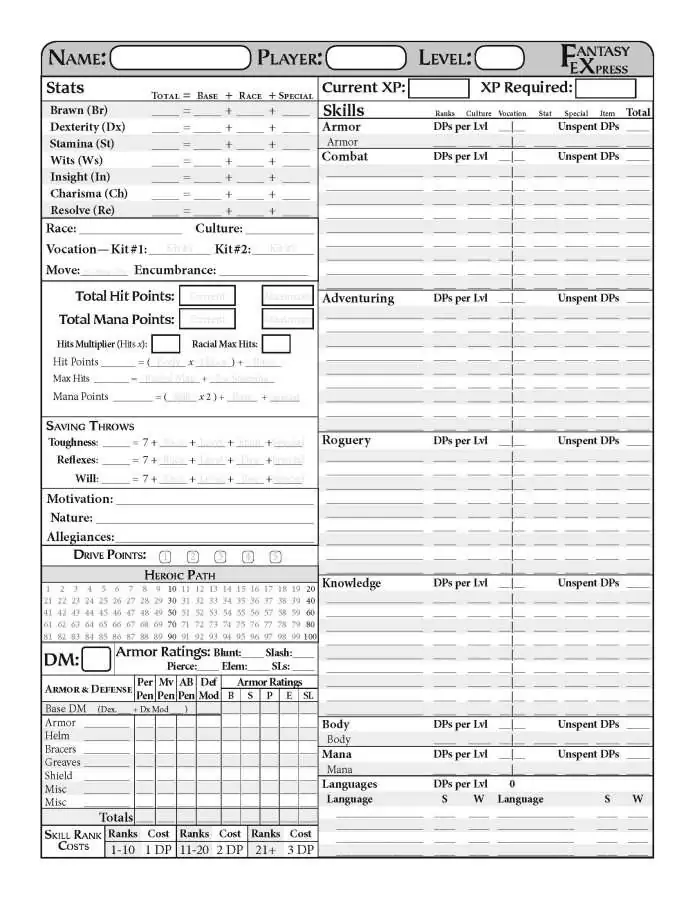 Fantasy Express Form-fillable Character Sheet - Firehawk Games | Fantasy Express | DriveThruRPG