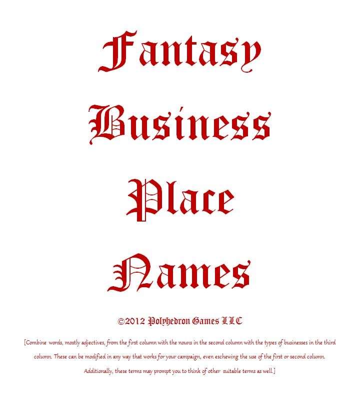 Fantasy Business Place Names - Polyhedron Games LLC | DriveThruRPG