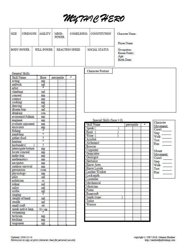 Mythic Hero Character Sheet - Randwulf Publishing Inc. | DriveThruRPG