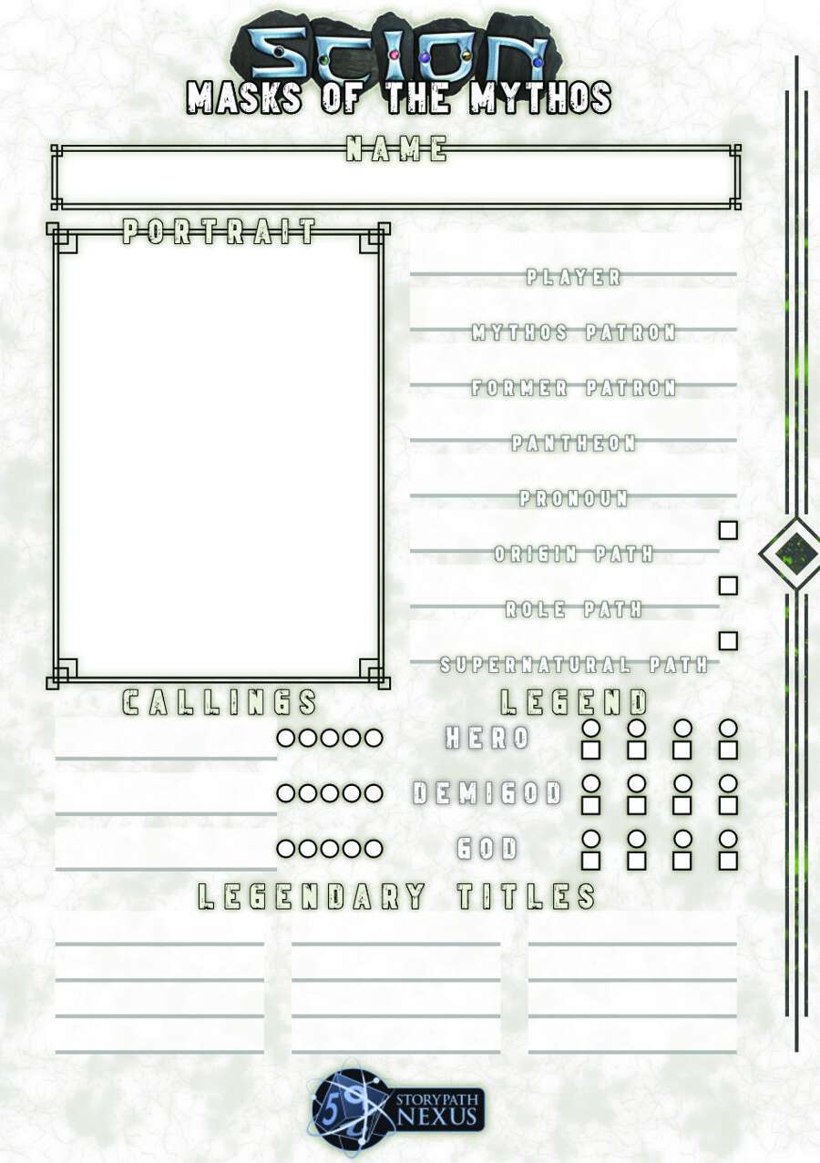 Scion 2nd Edition A5 Character Booklet - Onyx Path Publishing | StoryPath Nexus | DriveThruRPG