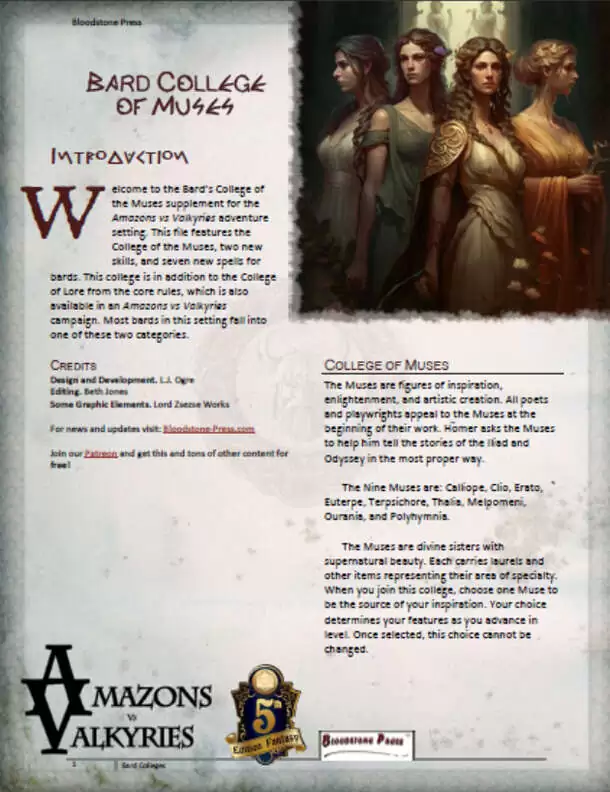 Amazons vs Valkyries: Bard College of the Muses - Bloodstone Press ...
