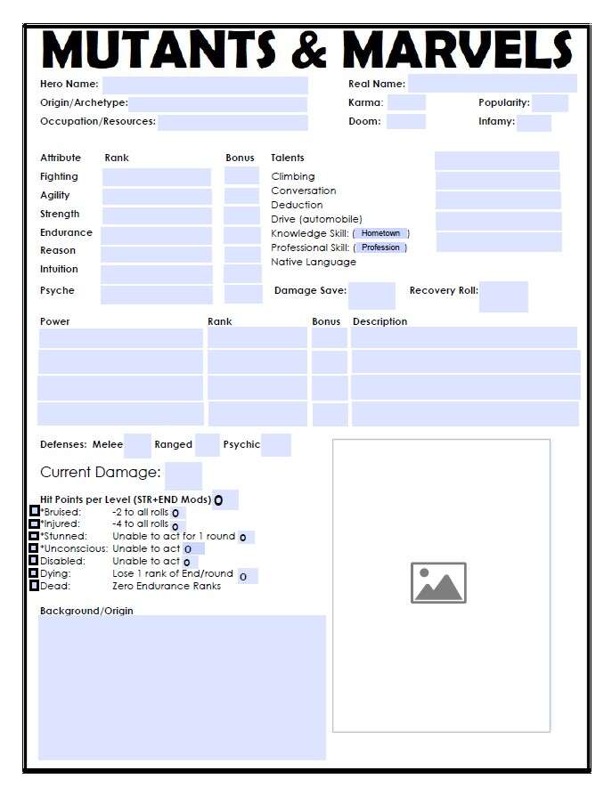 Mutants & Marvels Character Sheet - Tom Doolan | DriveThruRPG