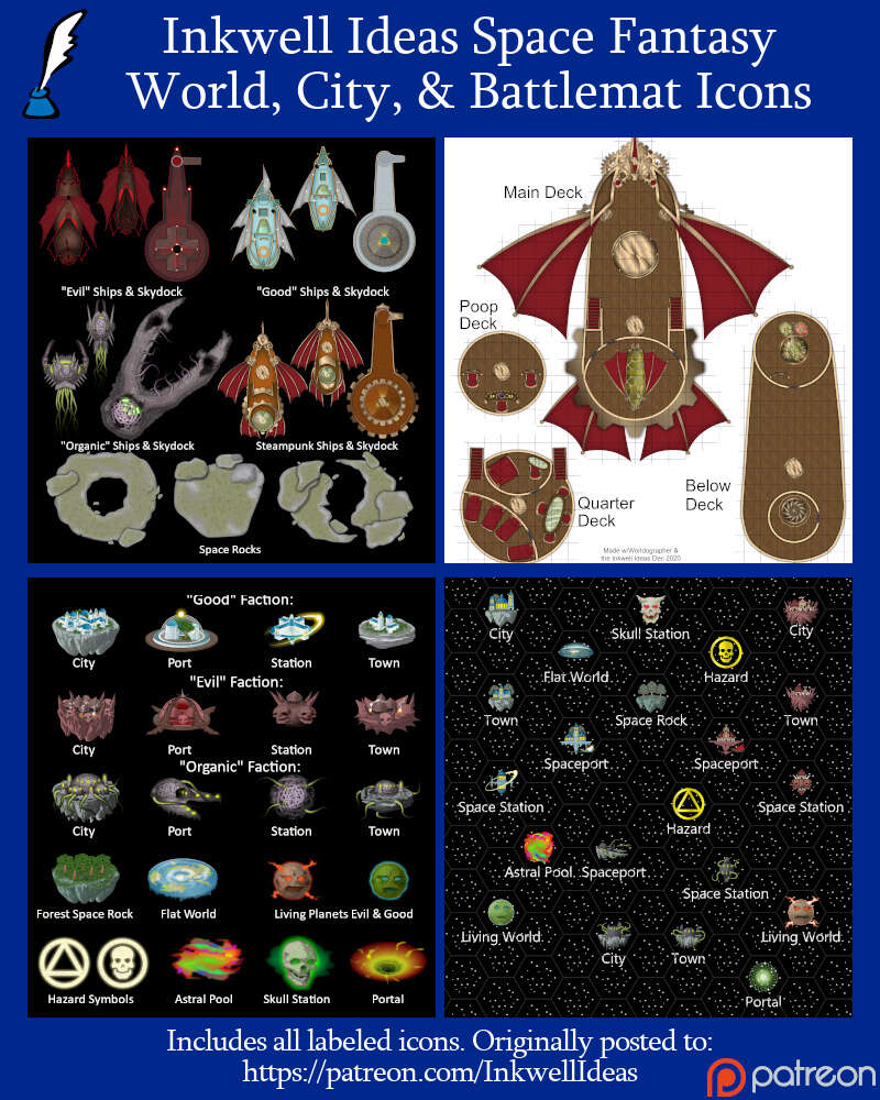 Worldographer Space Fantasy Battlemat, Settlement, and World/Kingdom Map Icons - Inkwell Ideas ...