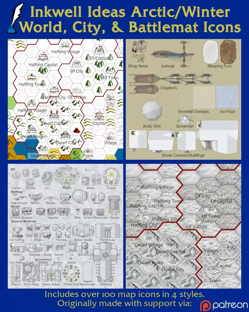 Worldographer Arctic/Winter Battlemat, Settlement, and World/Kingdom ...