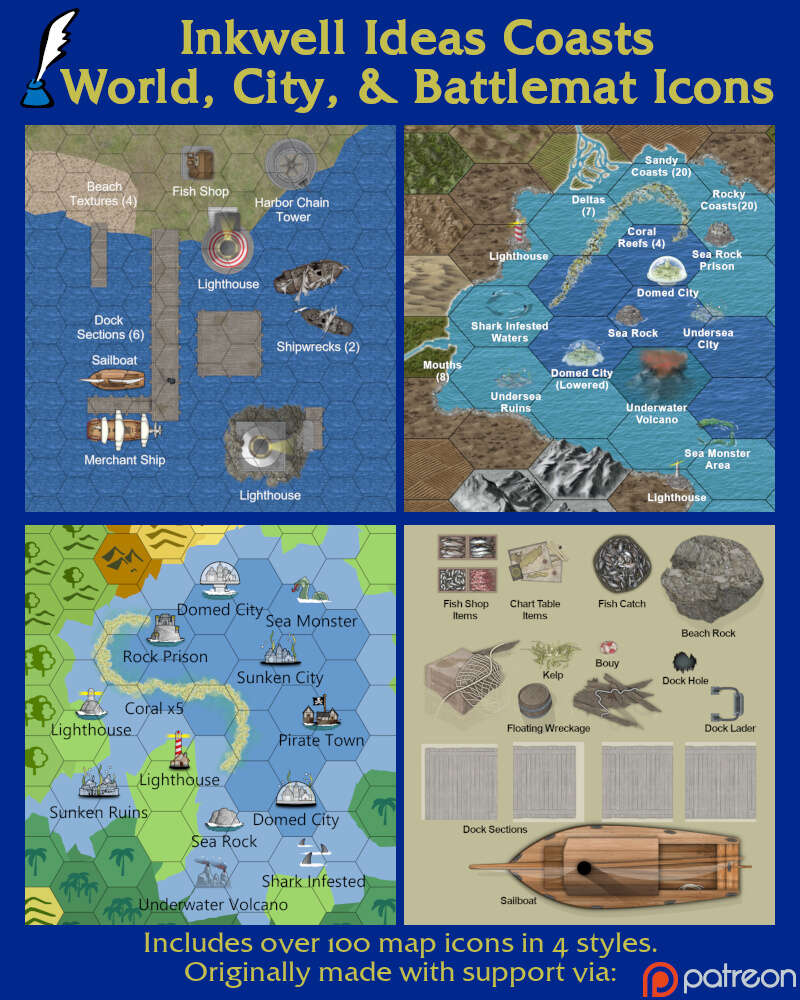 Worldographer Coasts Battlemat, Settlement, and World/Kingdom Map Icons ...
