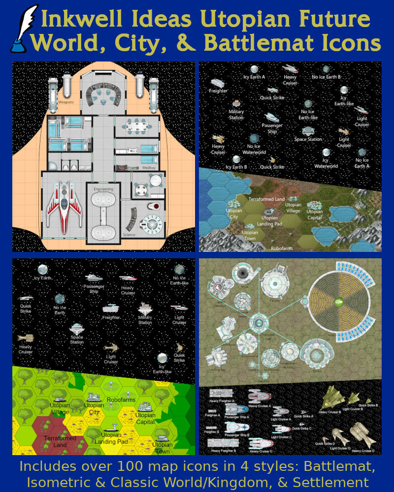Worldographer Utopian Future Battlemat, Settlement, and World/Kingdom Map Icons - Inkwell Ideas ...