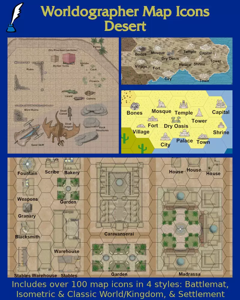 Worldographer Desert Battlemat, Settlement, and World/Kingdom Map Icons ...
