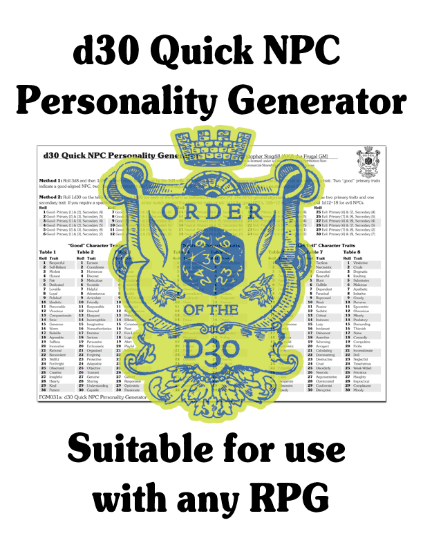 d30 Quick NPC Personality Generator - Frugal GM | d30 Tables | DriveThruRPG