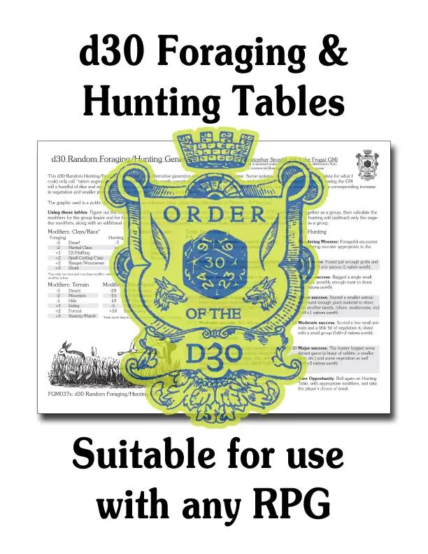 d30 Foraging/Hunting Generator - Frugal GM | d30 Tables | GM Aides ...