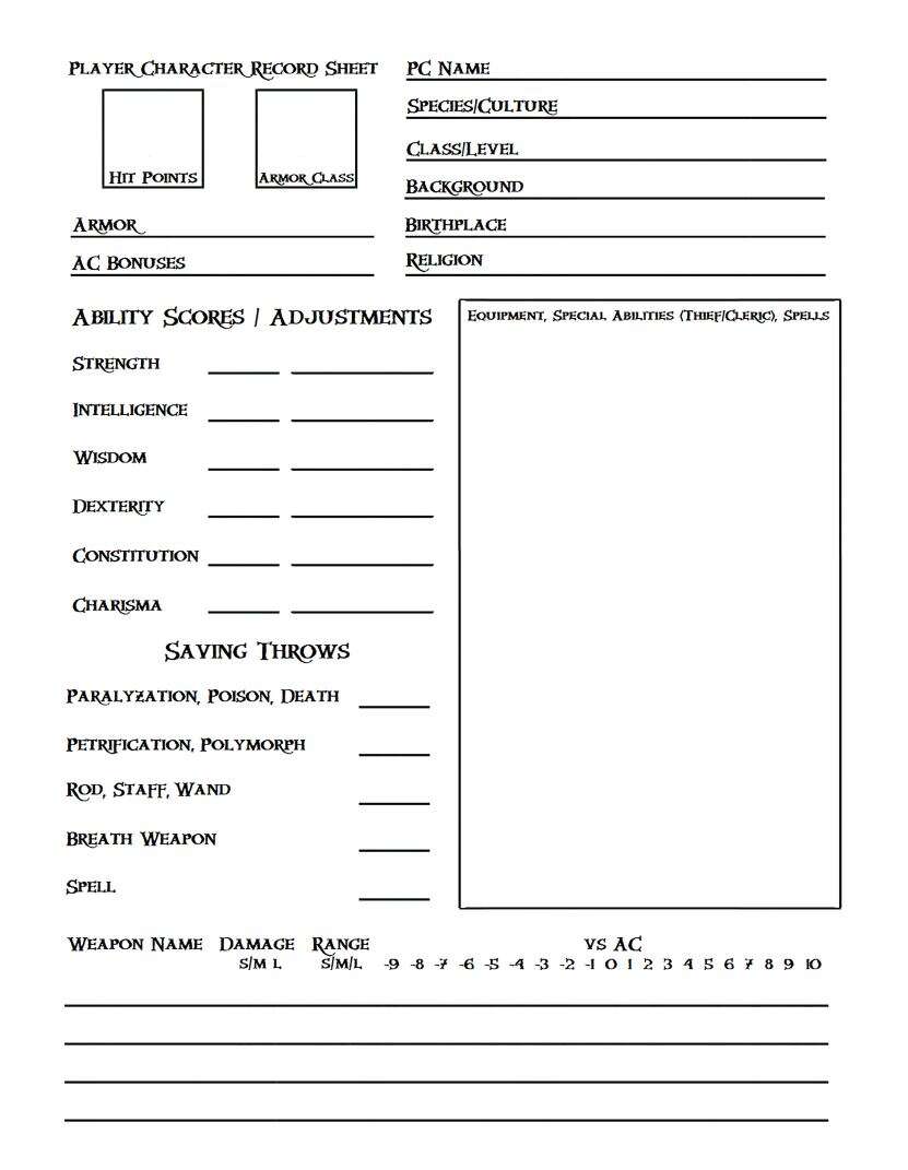 1E / OSRIC Form-Fillable Character Sheet - Creative Mountain Games ...