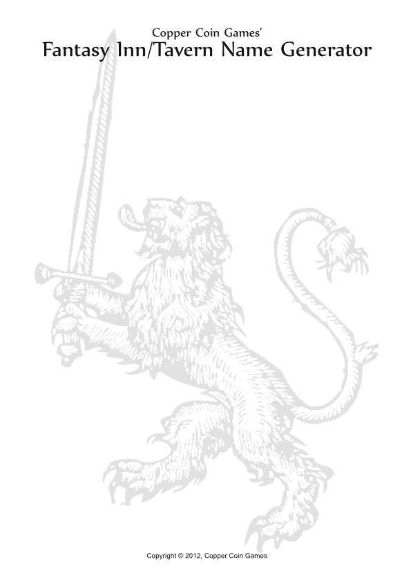 Fantasy Inn/Tavern Name Generator - Copper Coin Games | DriveThruRPG