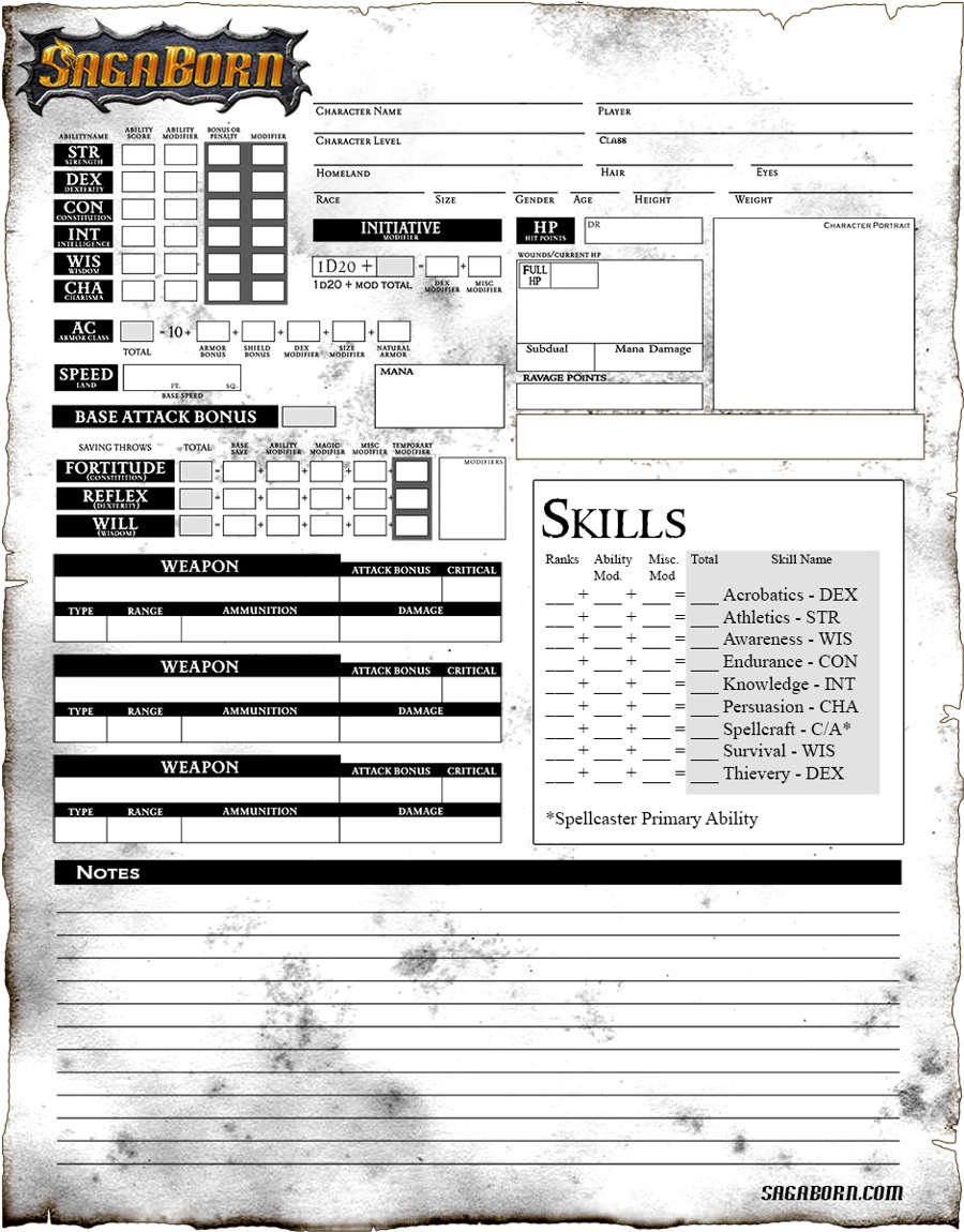 SagaBorn Roleplaying Game Character Sheets - Lone Wanderer ...