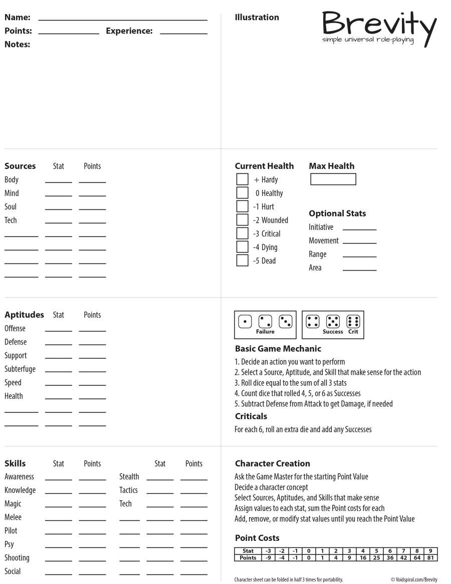 Brevity Character Sheet - Voidspiral Entertainment | Sheets | DriveThruRPG