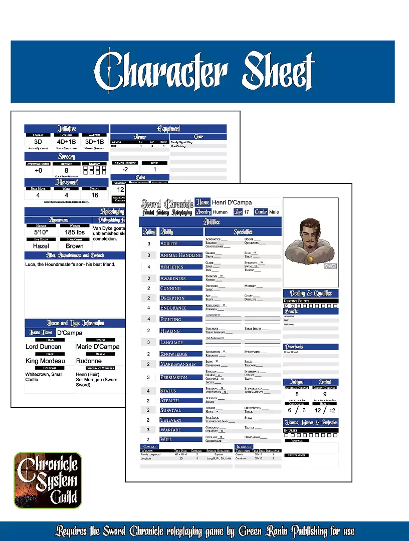 Sword Chronicle Character Sheet - Green Ronin Publishing | Chronicle System Guild | DriveThruRPG