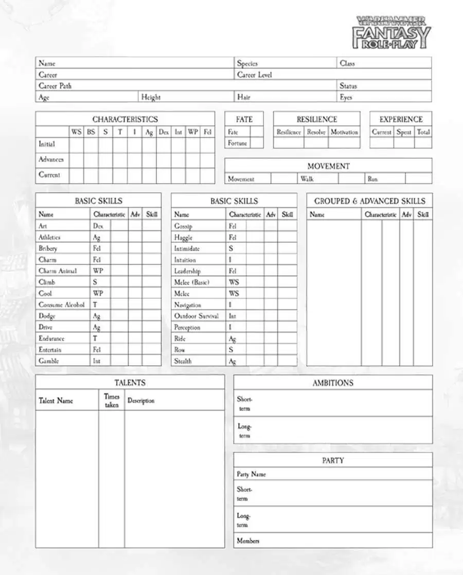 Warhammer Fantasy Role Play 4 Character Sheets - Cubicle 7 ...