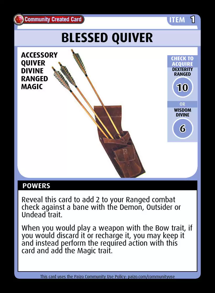 Blessed Quiver - Custom Card - Paizo | Pathfinder Adventure Card Game ...