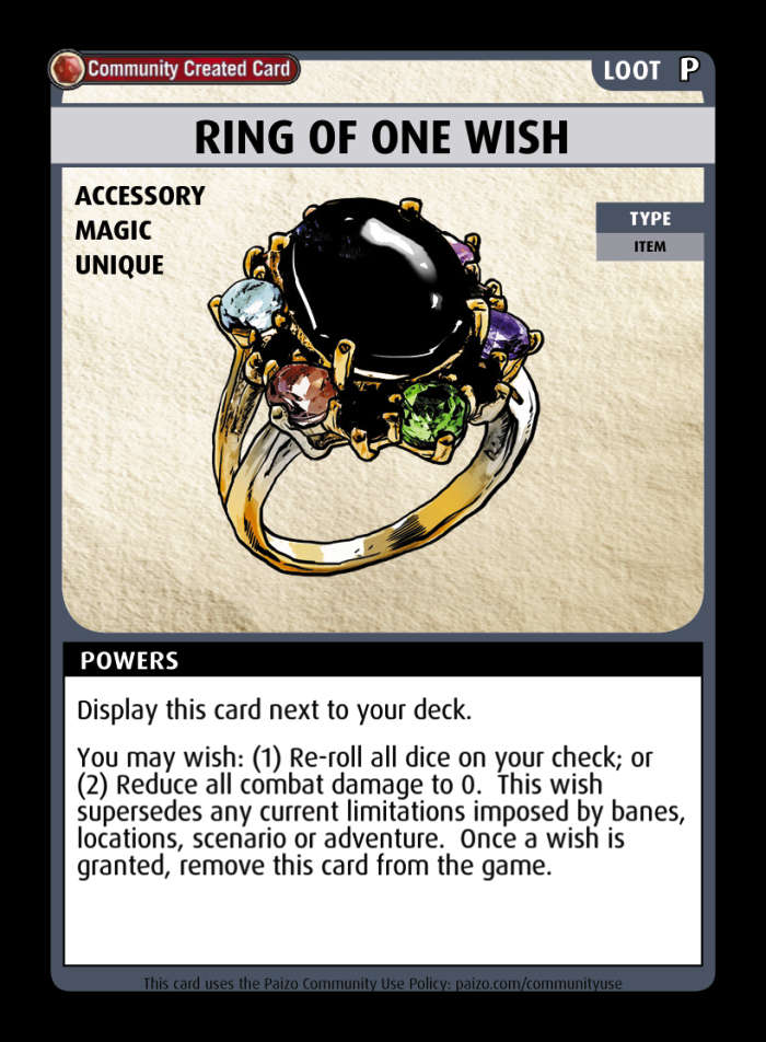 Ring Of One Wish - Custom Card - Paizo | Pathfinder Adventure Card Game ...
