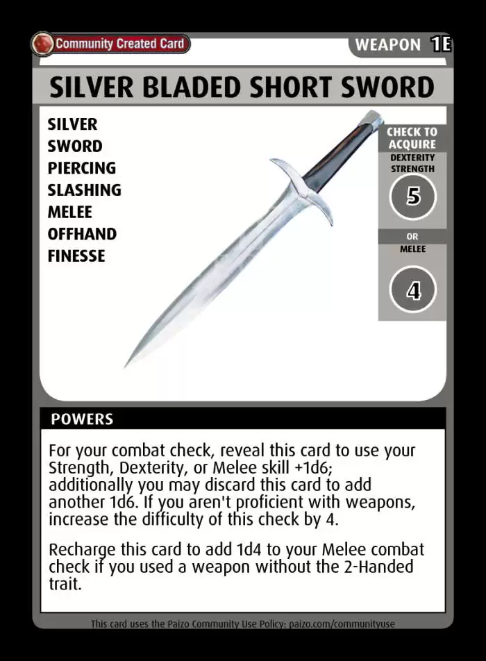 Silver Bladed Short Sword - Custom Card - Paizo | Pathfinder Adventure ...