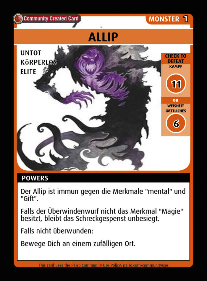 Allip - Custom Card - Paizo | Pathfinder Adventure Card Game Community ...