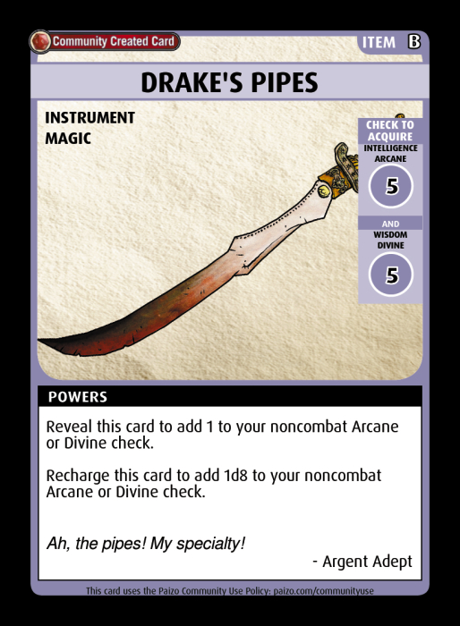 Drake's Pipes - Custom Card - Paizo | Pathfinder Adventure Card Game ...