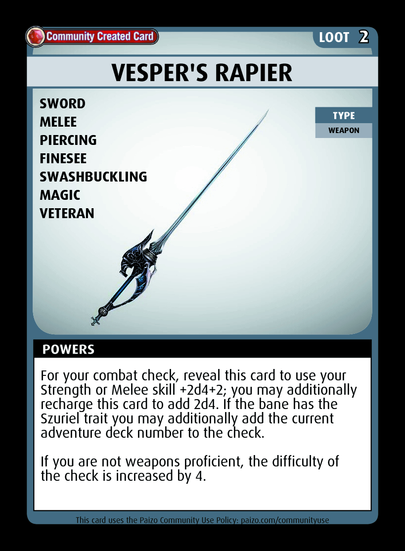 Vesper's Rapier - Custom Card - Paizo | Pathfinder Adventure Card Game ...