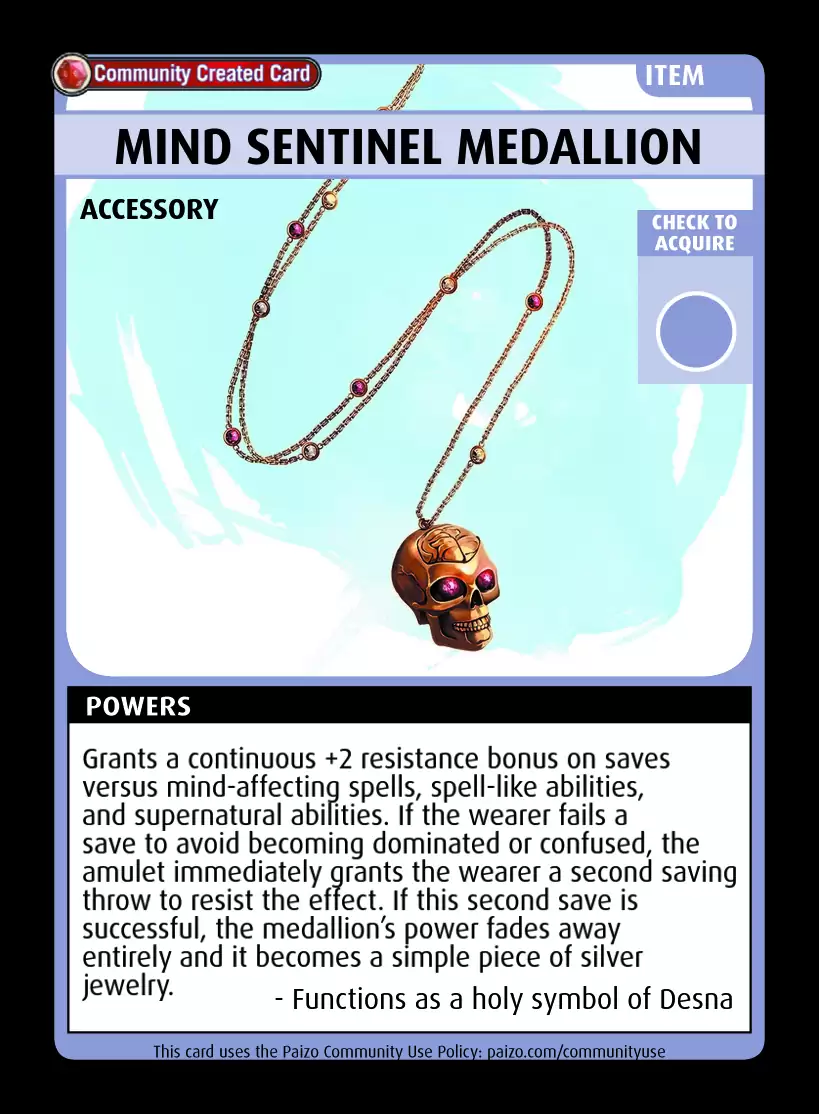 Mind Sentinel Medallion - Custom Card - Paizo | Pathfinder Adventure ...