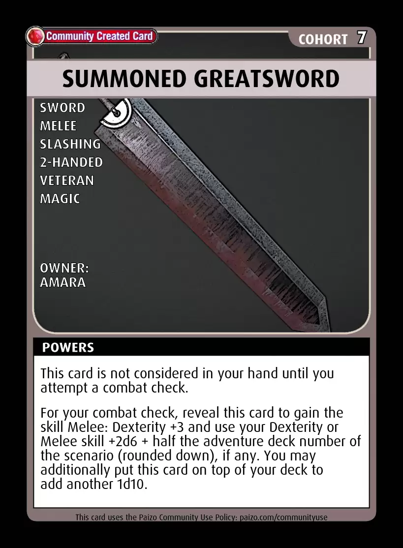 Summoned Greatsword - Custom Card - Paizo | Pathfinder Adventure Card ...