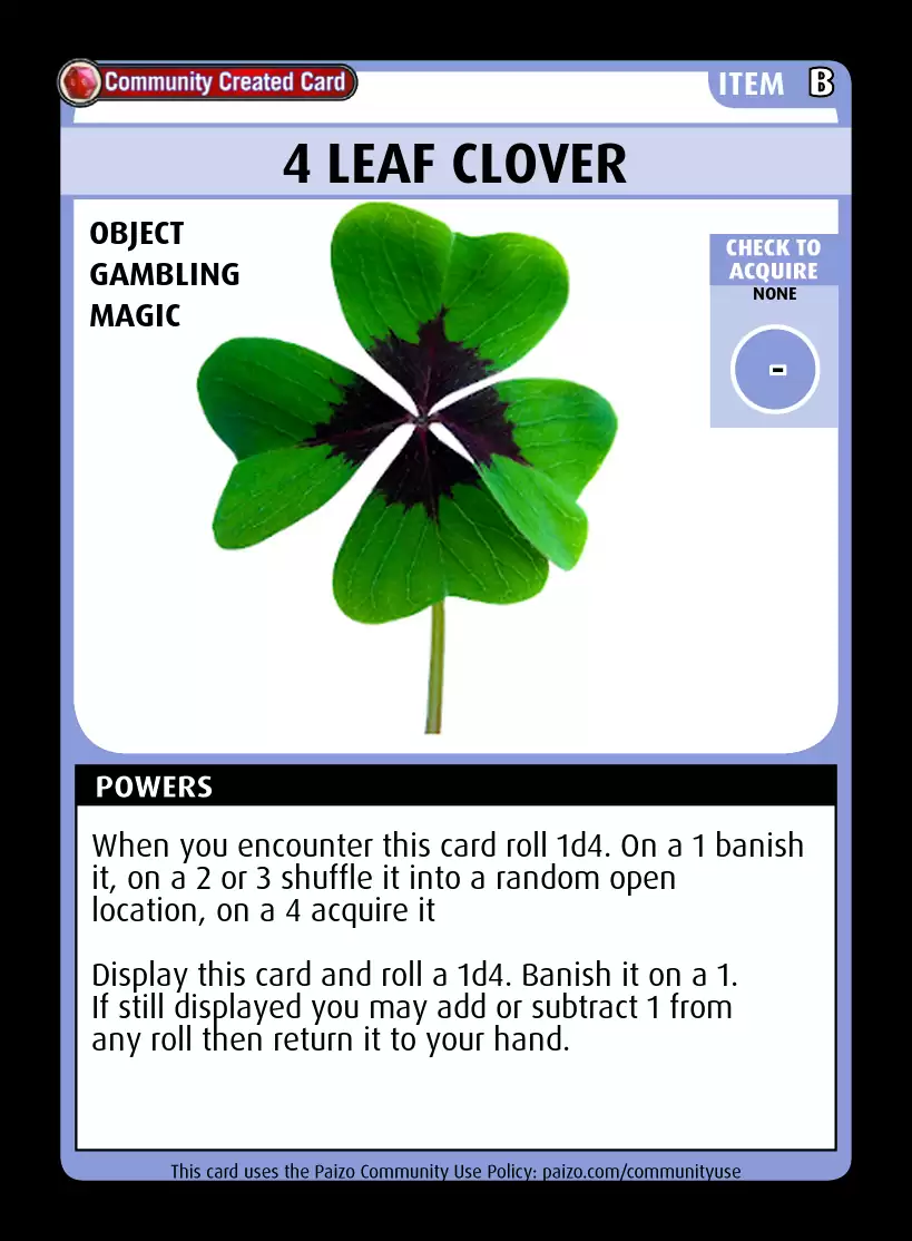 4 Leaf Clover - Custom Card - Paizo | Pathfinder Adventure Card Game Community Cards | DriveThruRPG