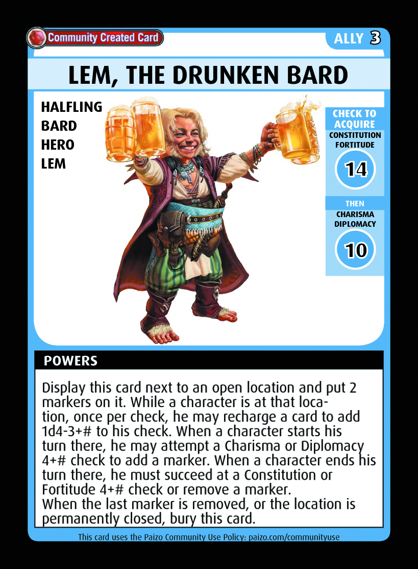 Lem, The Drunken Bard - Custom Card - Paizo | Pathfinder Adventure Card ...