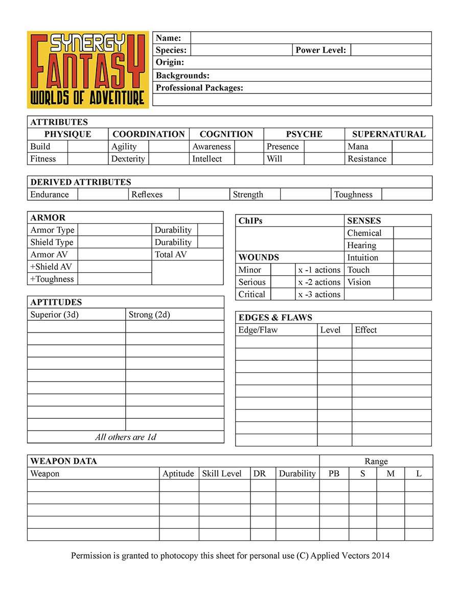 Synergy Fantasy Character Sheet - Applied Vectors | DriveThruRPG