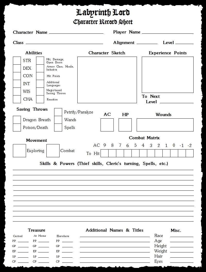 Labyrinth Lord Character Sheet - Mithgarthr Entertainment | Labyrinth ...